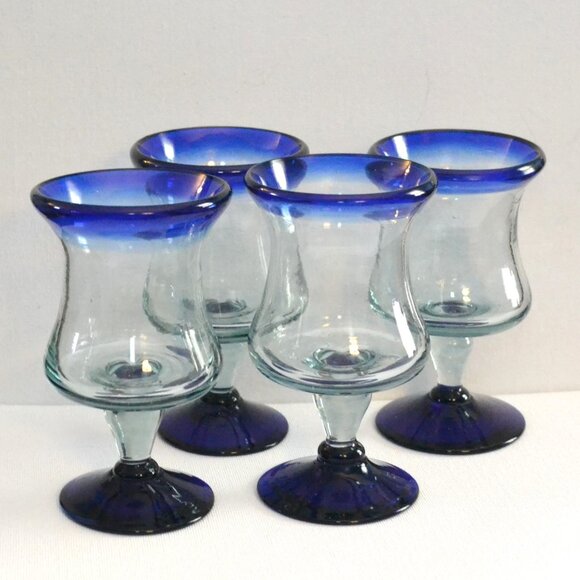 Dining | Set Of Four Mexican Hand Blown Art Glass Goblets Cobalt Blue ...